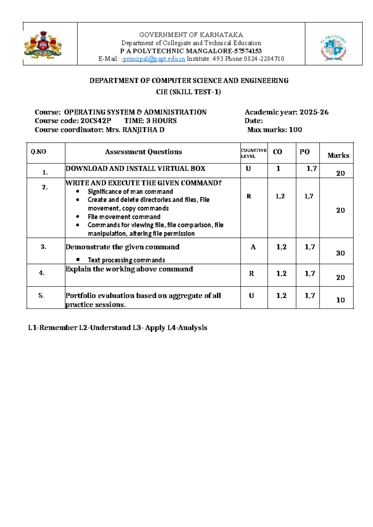 OS Skill Test 1 - 20CS42P - Operating System Administration - Studocu