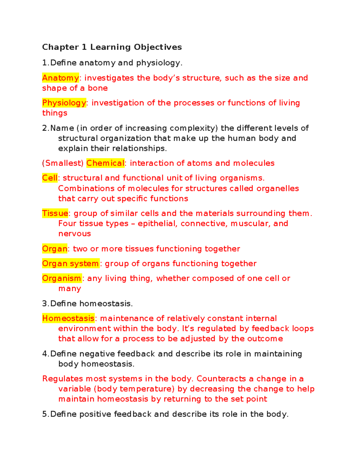 Anatomy and Physiology Learning Objectives: CH1-4 Overview - Chapter 1 ...