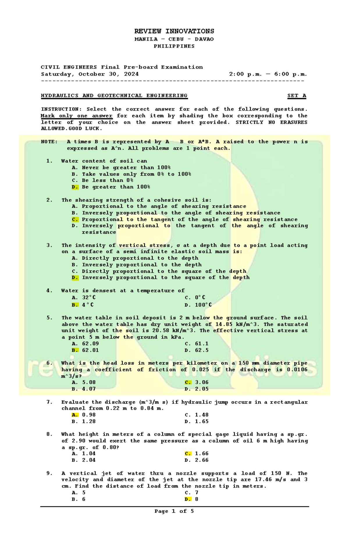 Civil Engineers Preboard Exam 3: Hydraulics & Geotechnical Engineering ...