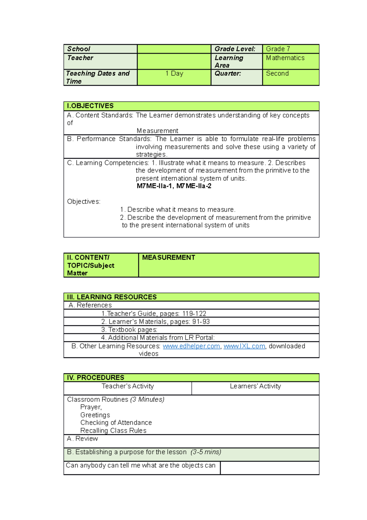 Grade 7 Math DLPs - Formulated Lessons on Measurement Concepts - Studocu