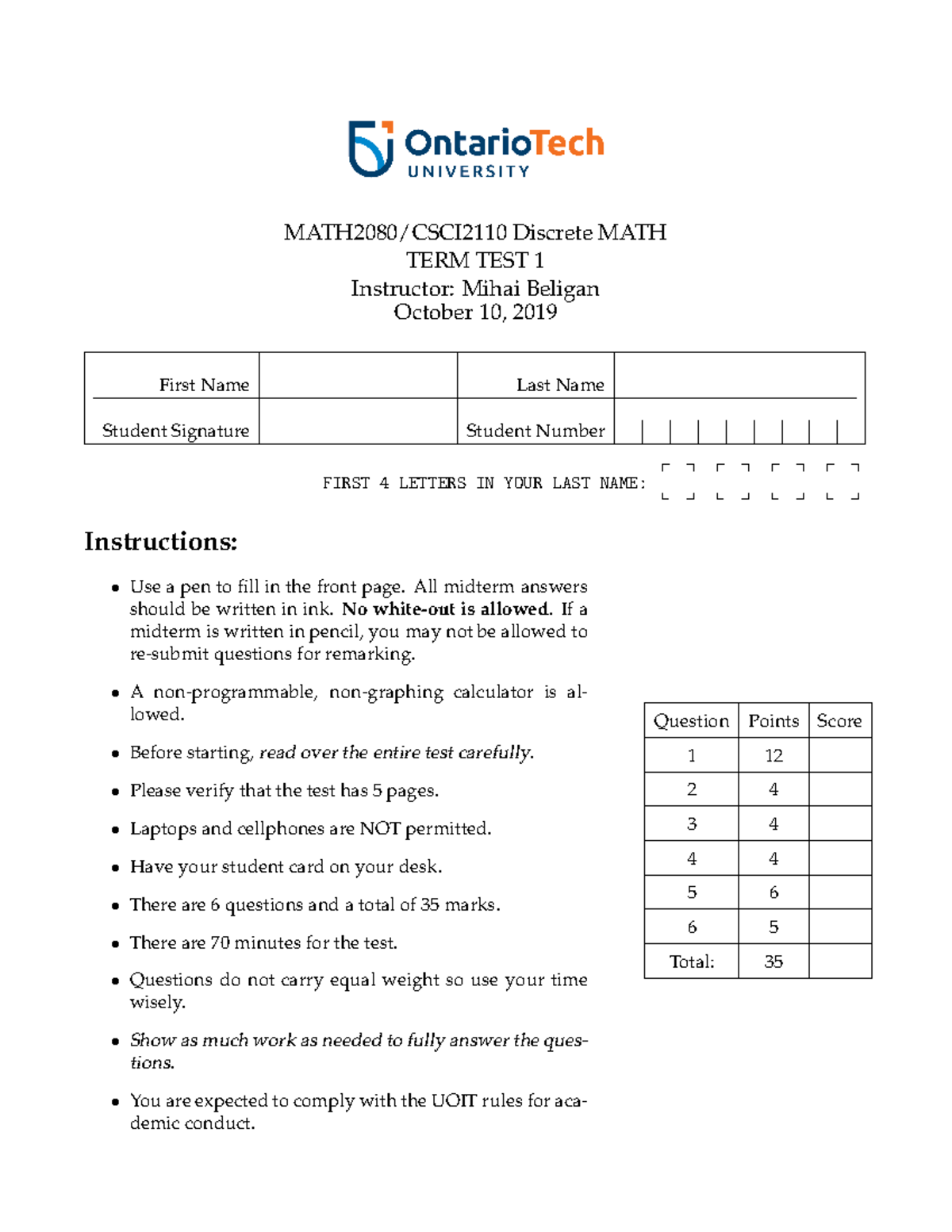 F2019 Midterm 01 v1 - MATH2080/CSCI2110 Discrete MATH TERM TEST 1 ...