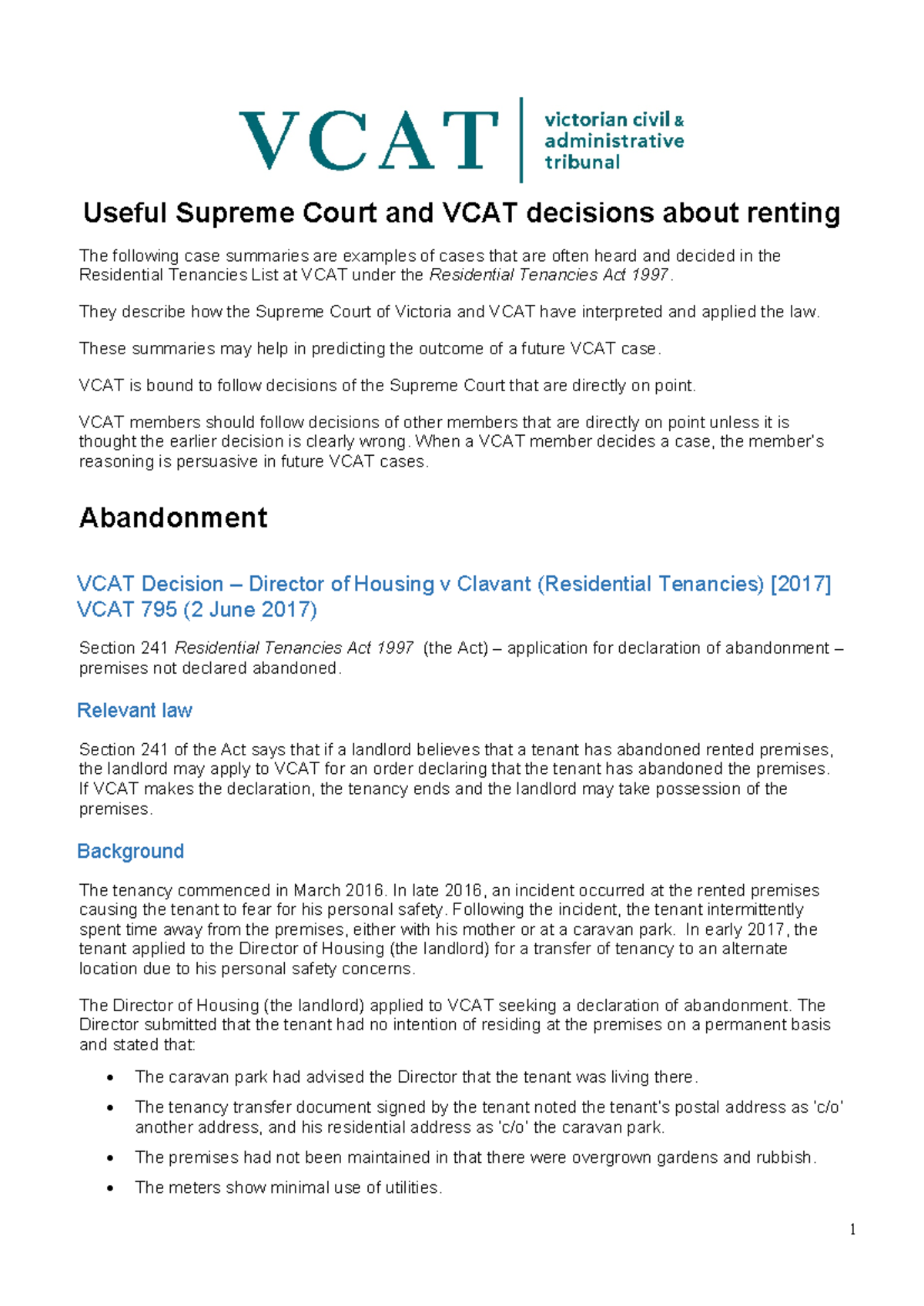Supreme Court & VCAT Decisions on Renting: Key Insights and Cases - Studocu