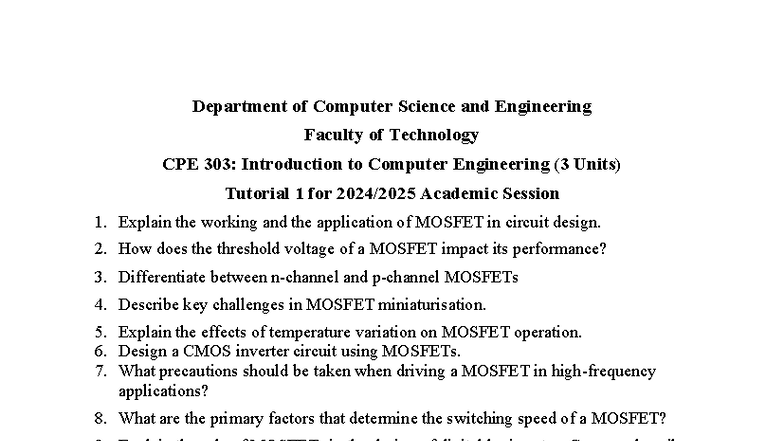 CPE 303: MOSFET Applications and Circuit Design Tutorial 1 - Studocu