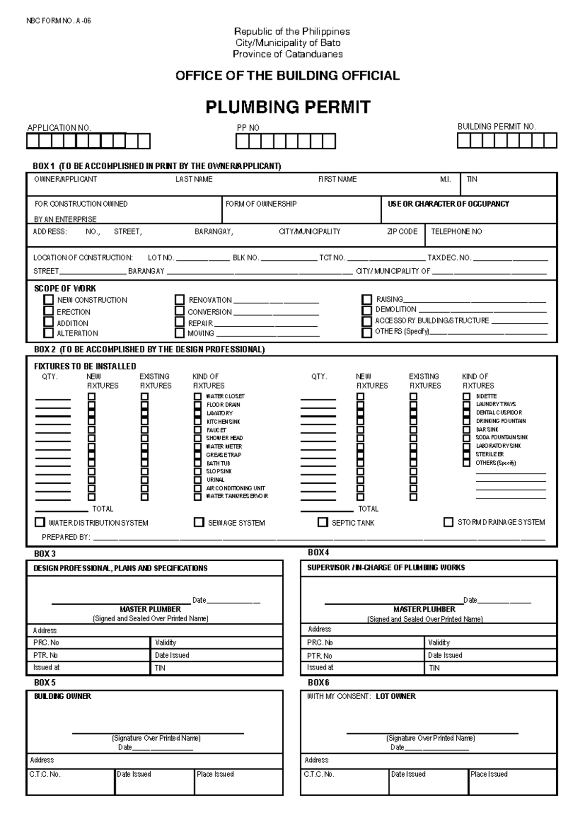 Plumbing Permit Application Form - Philippines - Studocu