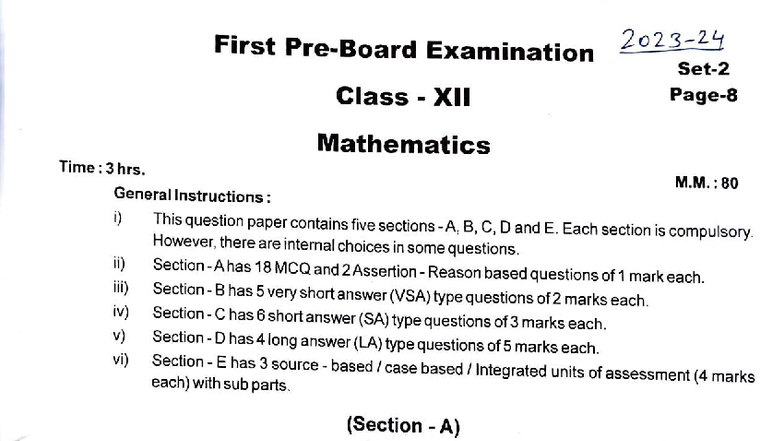 Mathematics Class XII (PCM) Final Exam Paper - 2023 - Studocu