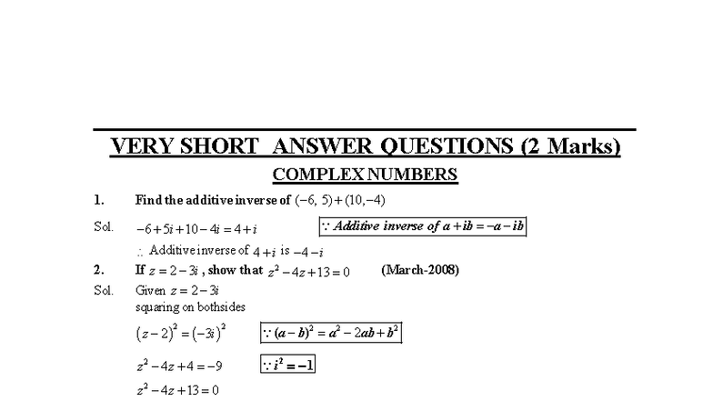 Complex Numbers: Very Short Answer Questions (2 Marks) - Studocu