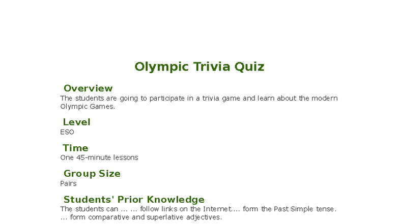 Olympic Trivia Quiz Overview - Activity 1399 - Studocu