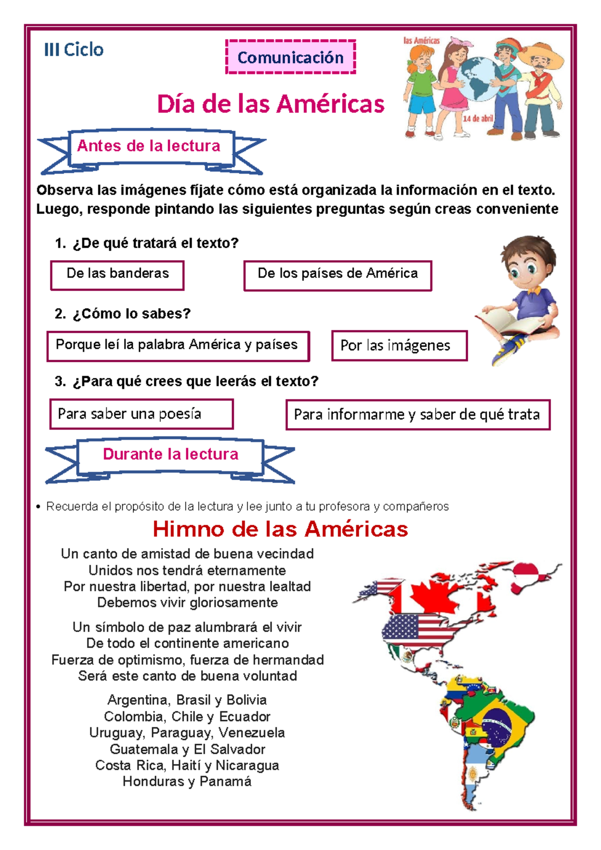 Ficha de Actividades: Día de las Américas - Lectura y Reflexión - Studocu