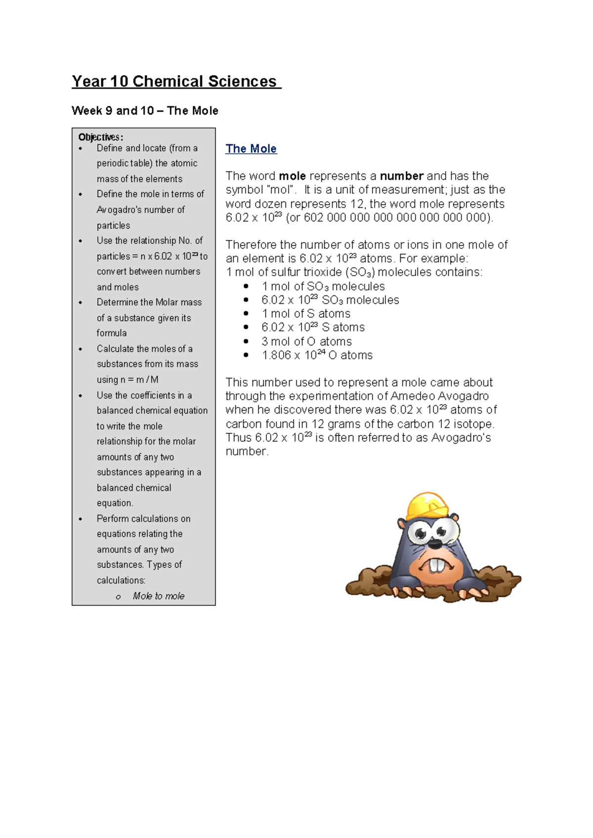 Year 10 Chemical Sciences: The Mole Concepts and Calculations - Studocu