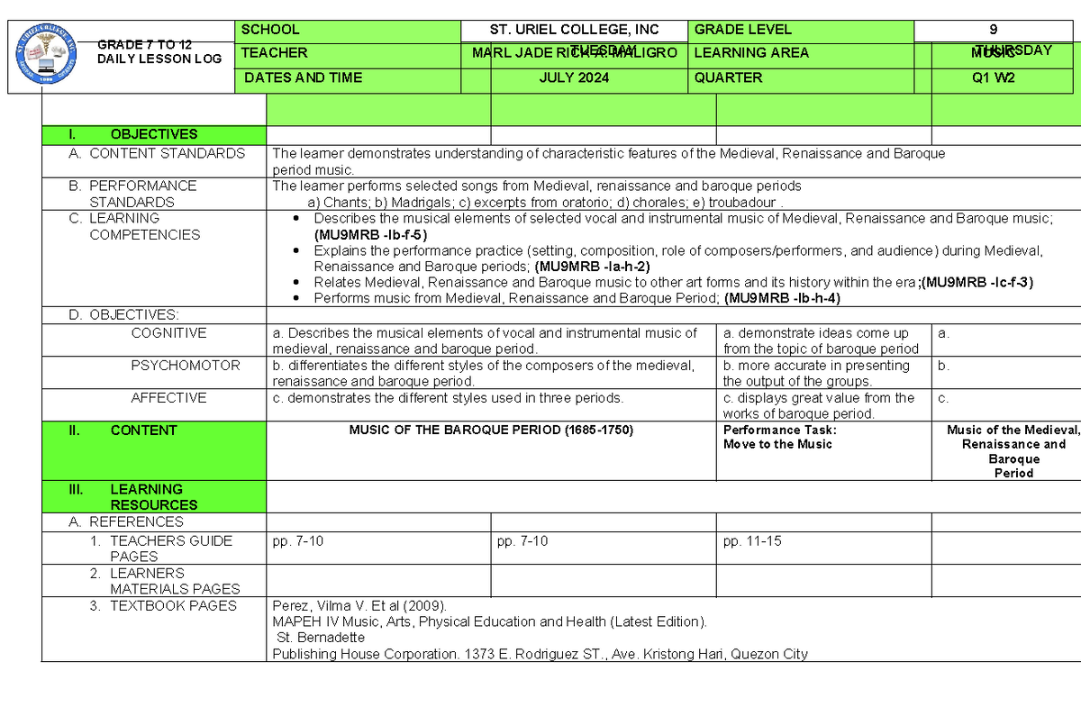 DLL Music Grade 9 Q1 W2 - MONDAY TUESDAY WEDNESDAY THURSDAY I ...