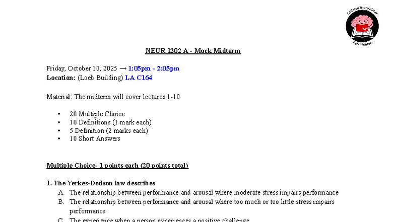 NEUR 1202 A Midterm Review Guide - October 10, 2025 - Studocu