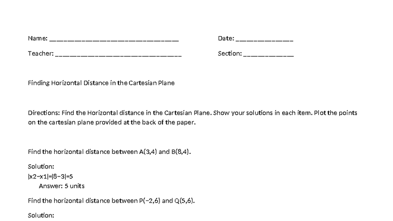 Finding Horizontal Distance in the Cartesian Plane: Exercises - Studocu