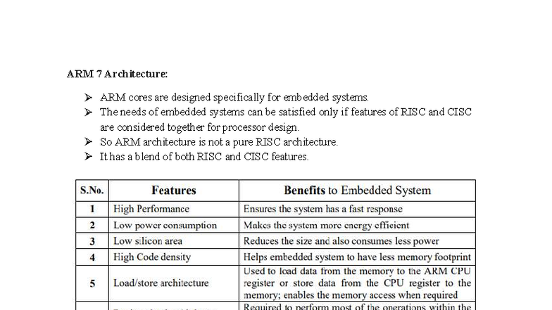 ARM 7 Architecture: Key Features and Register Functions - Notes - Studocu