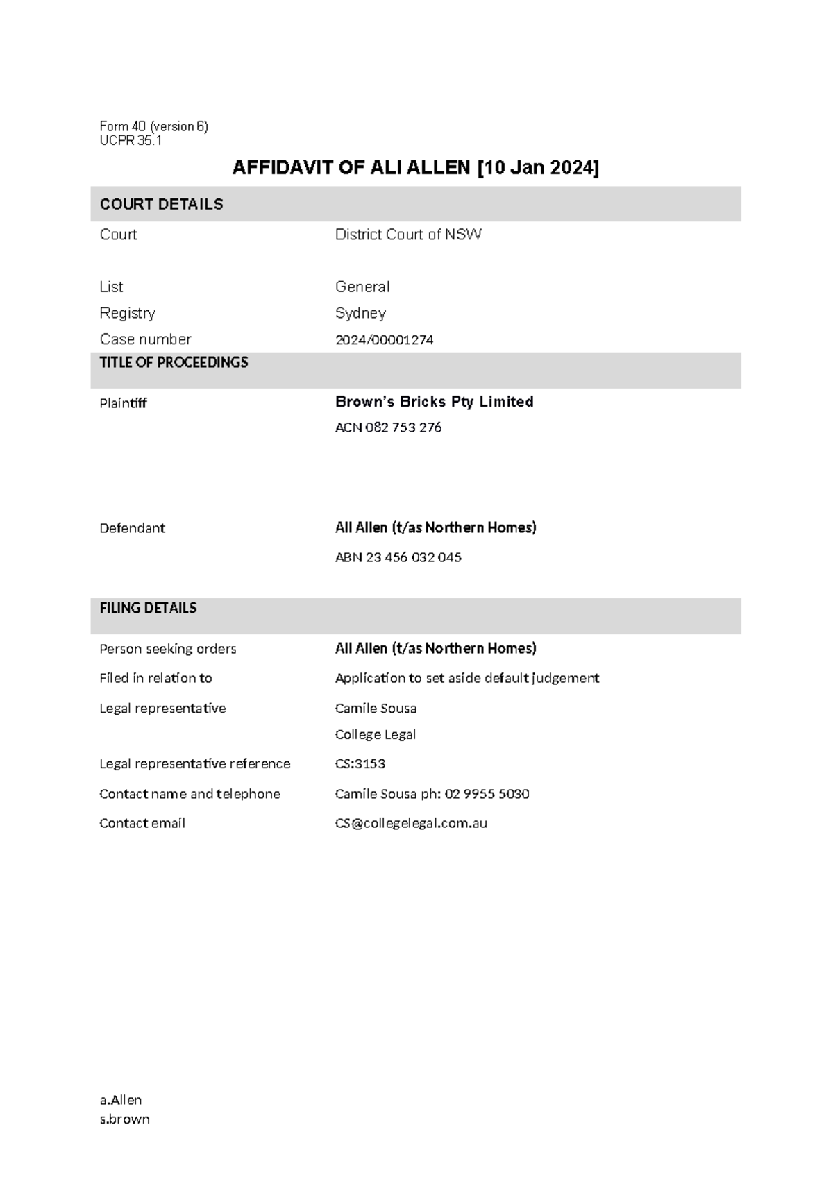 UCPR Form 40 V6 - Affidavit of Ali Allen (Task 2.1) - Studocu