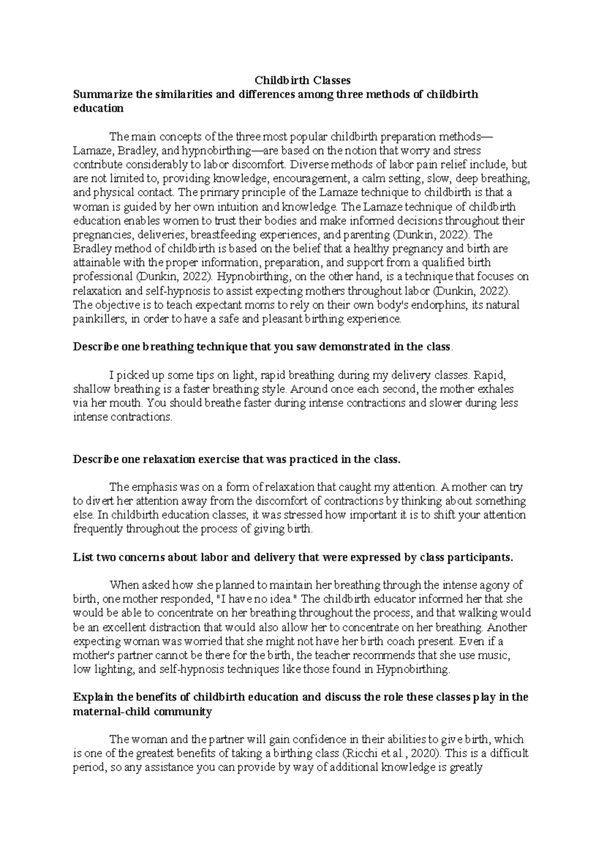 Childbirth Classes - Final Assignment Summary of Methods & Techniques ...