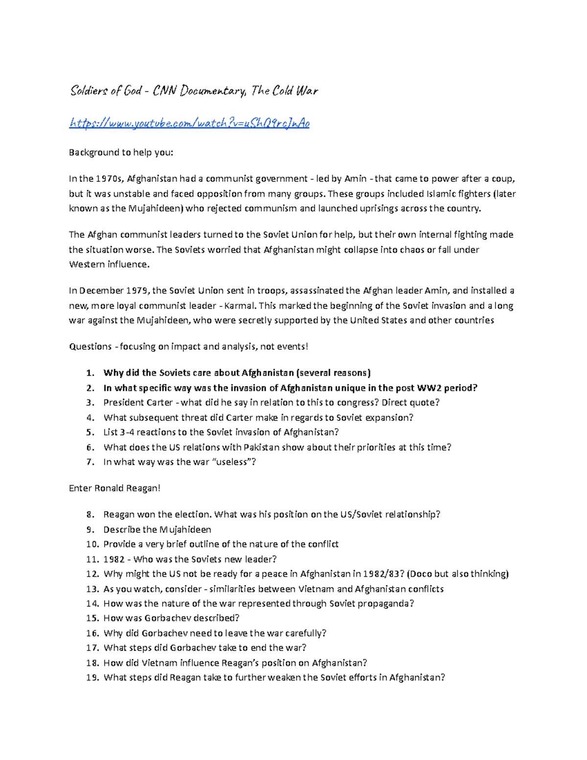 Soldiers of God: The Cold War & Soviet Invasion of Afghanistan - Studocu