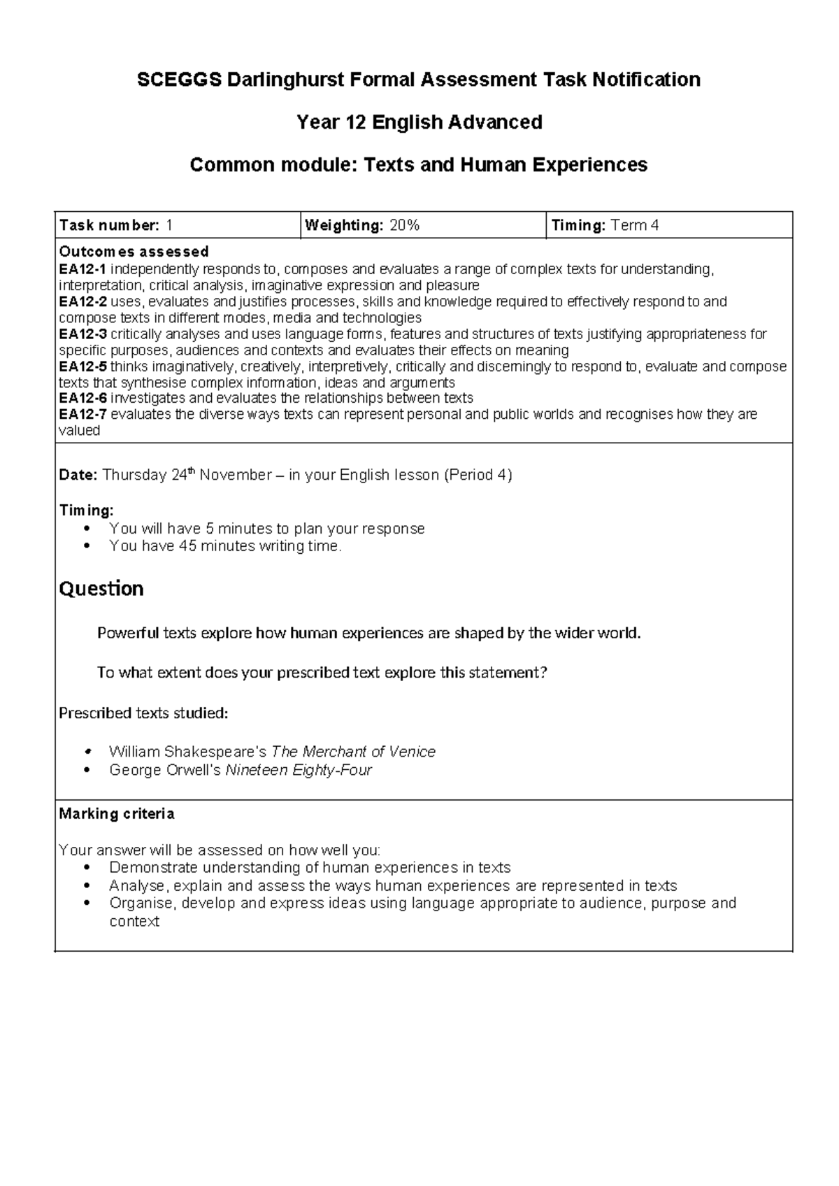 SCEGGS Year 12 English Advanced Assessment Task 1: Texts & Human ...