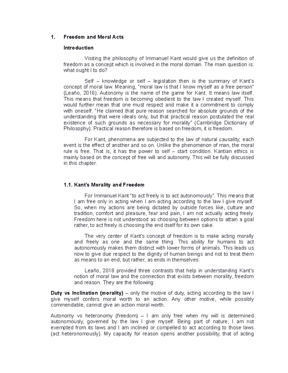 Kantian Ethics: Freedom and Morality Summary (PHIL 101) - Studocu