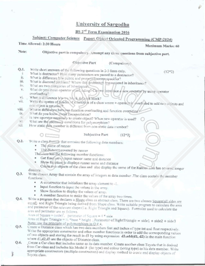 OOP PAST Papers Solution - PAST PAPER BSCS 2016 SOLUTION QNO(Solution ...