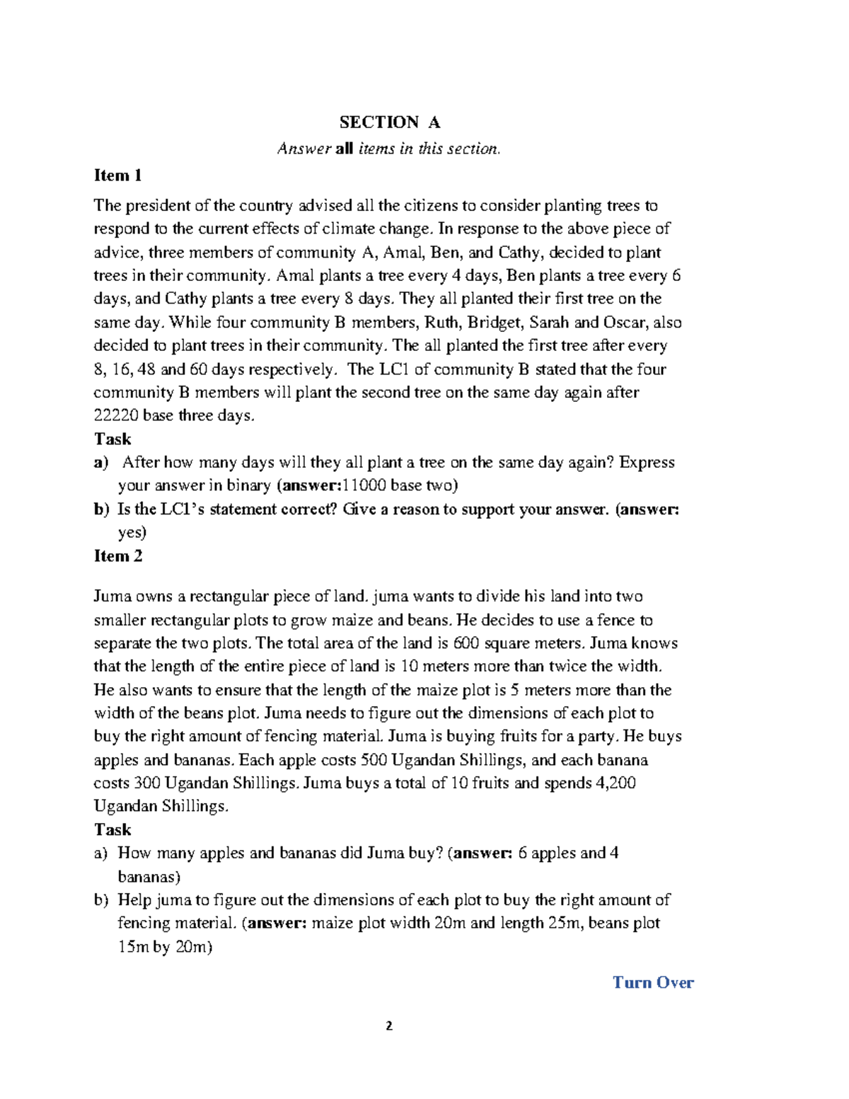 2025 UCE Maths PRE MOCK SET 1: Tree Planting & Land Division Tasks ...