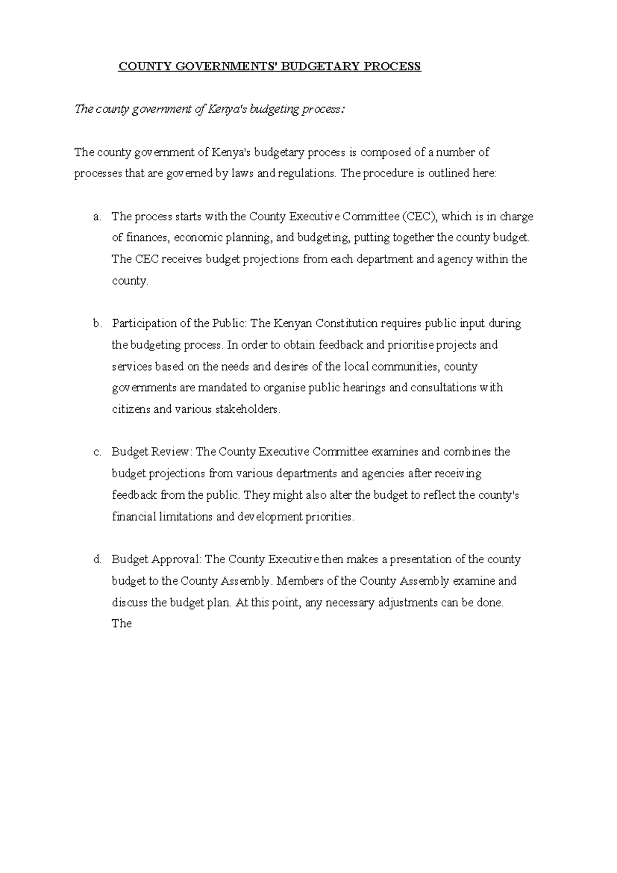 County Governments' Budgeting Process in Kenya: A Comprehensive ...