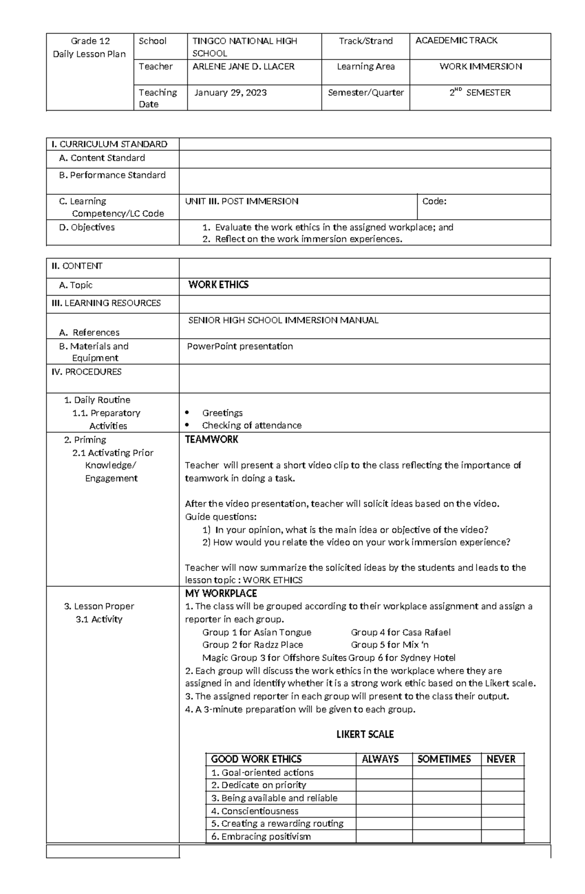 Work Immersion Lesson Plan for Grade 12 - Academic Track - Studocu