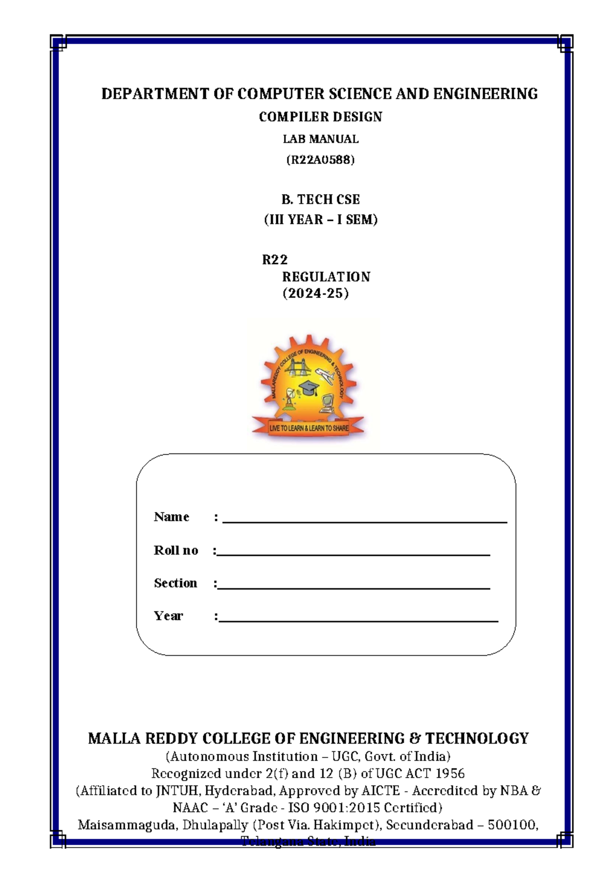 CD Lab Manual (R22A0588) for Compiler Design - B.Tech CSE 1st Year - Studocu