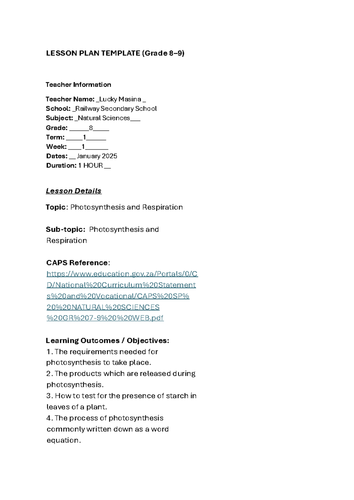 WEEK 1 & 2 LESSON PLAN: PHOTOSYNTHESIS & RESPIRATION - Studocu