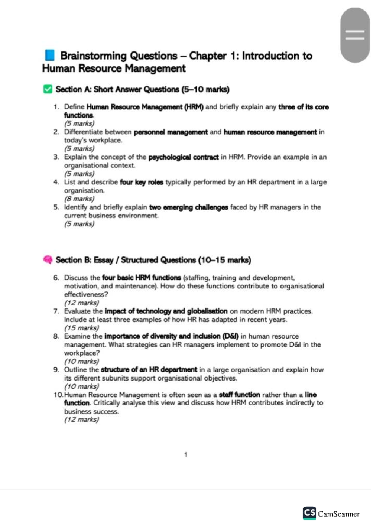 HRM Latihan: Brainstorming Questions for Chapters 1, 11, and 12 - Studocu