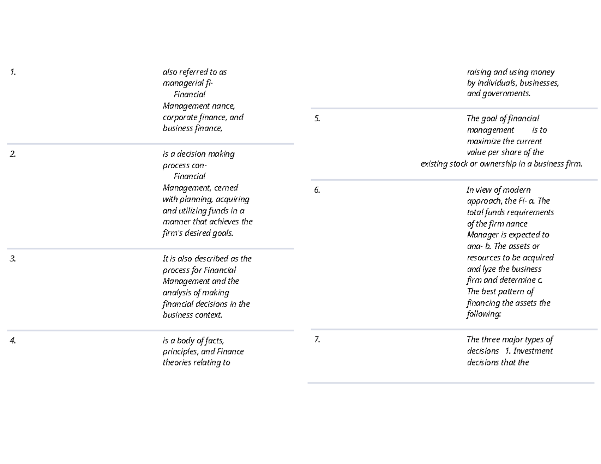 FINMAN PRELIM: Overview of Financial Management Principles and ...