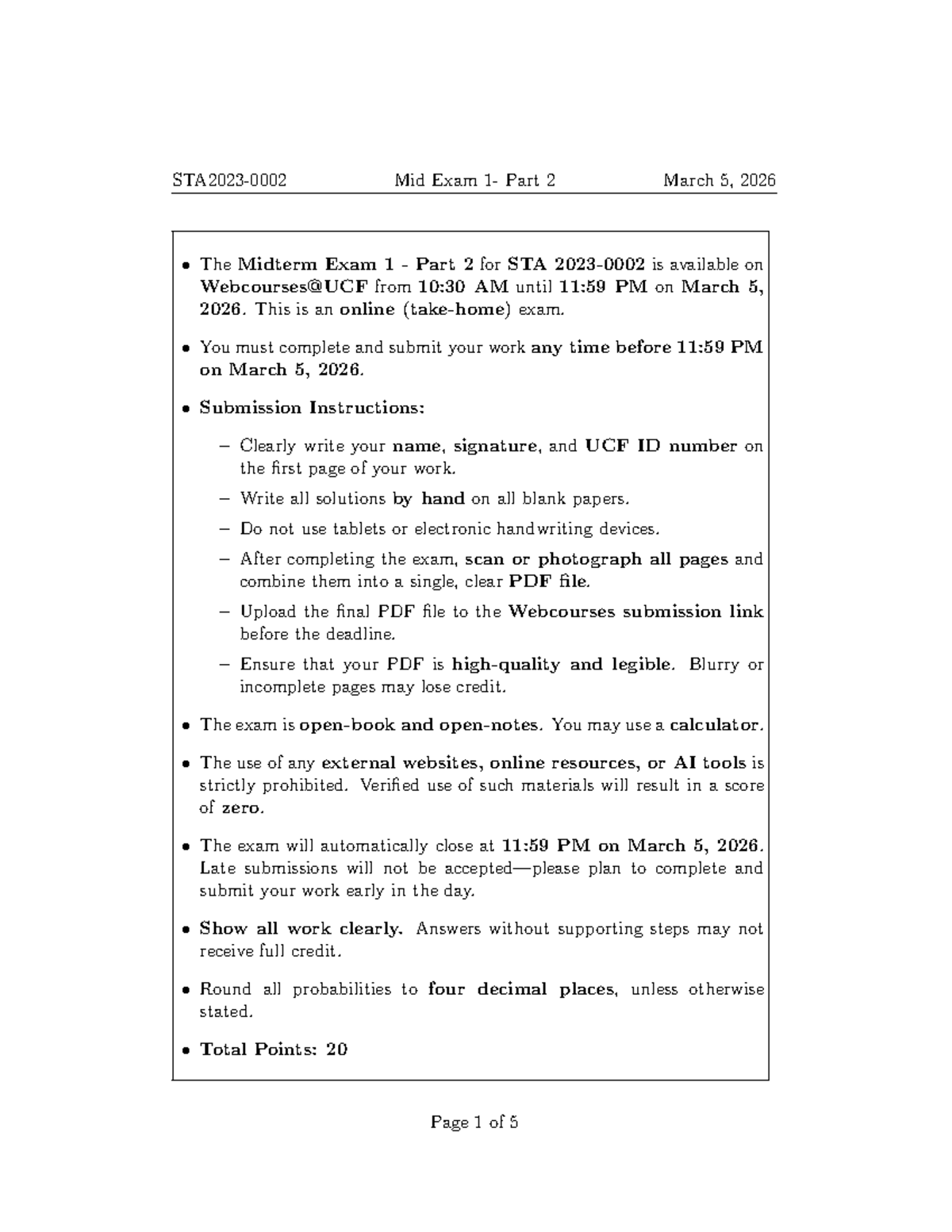 Midterm Exam 1 Part 2 Instructions for STA - March 5, 2026 - Studocu