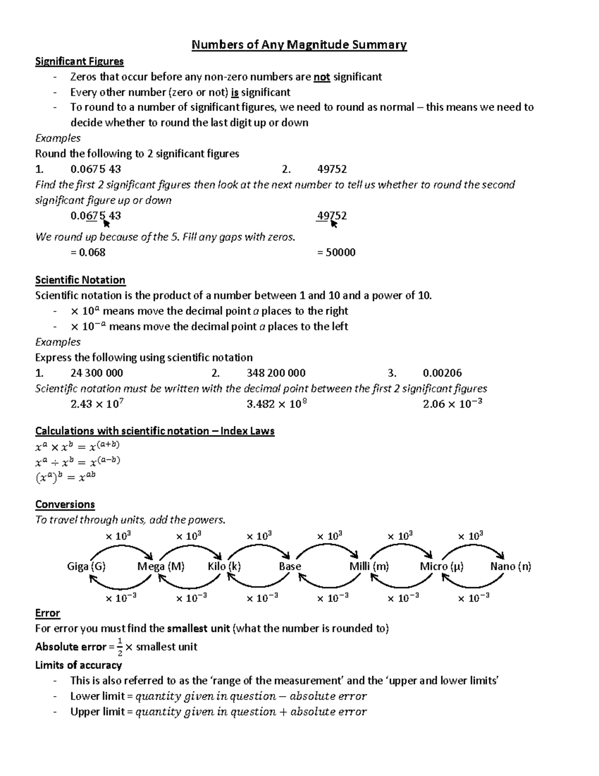Numbers Summary: Significant Figures, Scientific Notation & Conversions ...