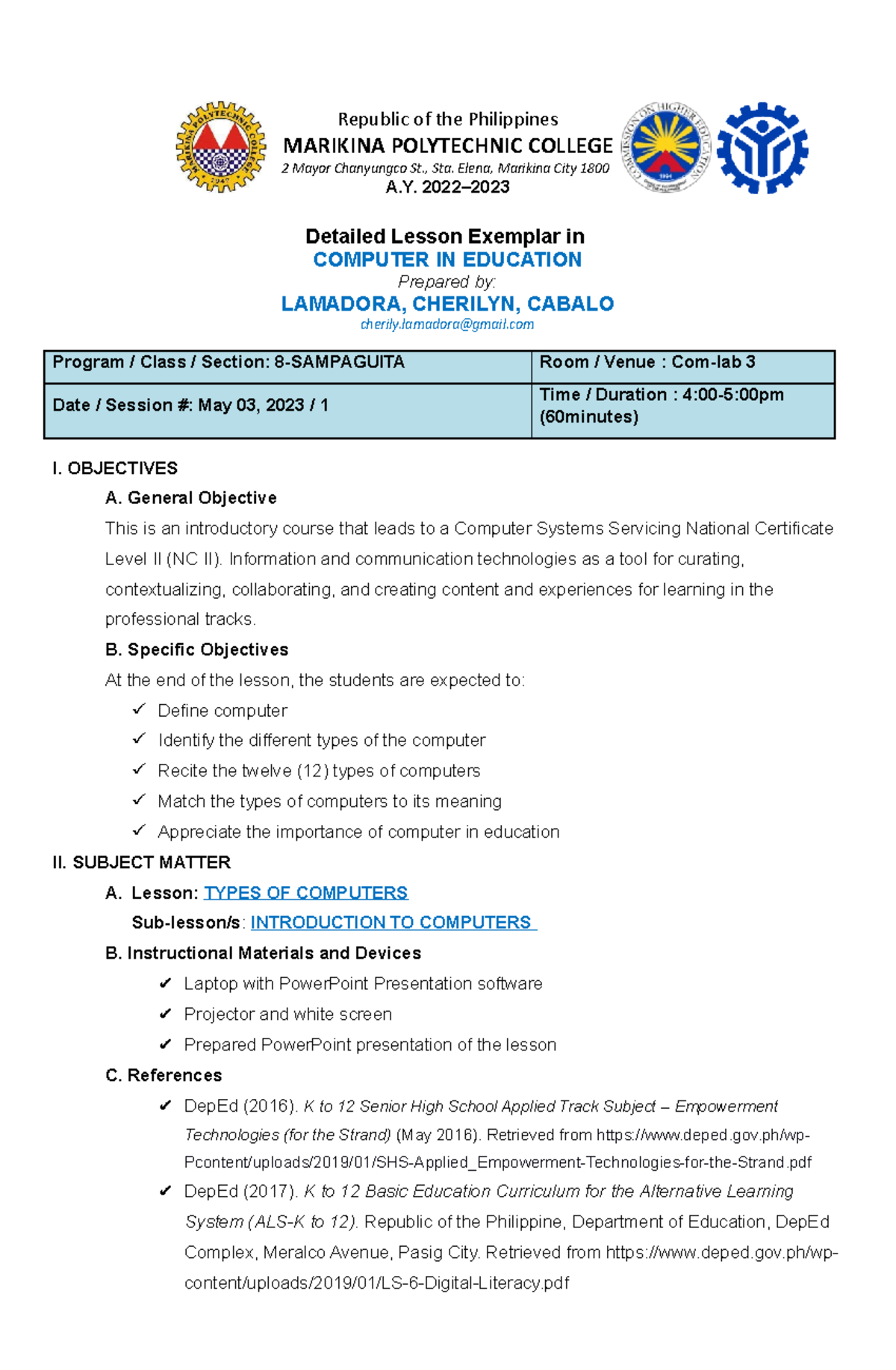 Detailed Lesson Exemplar: Computer in Education (8-SAMPAGUITA) - Studocu