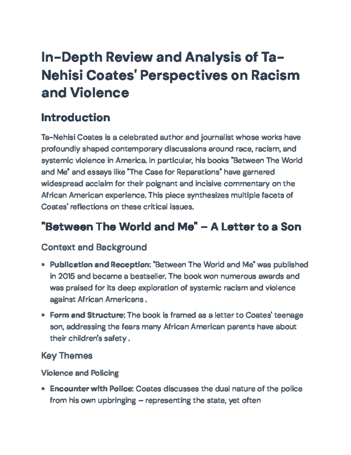 In-Depth Analysis of Ta-Nehisi Coates on Racism & Violence (ENG101 ...