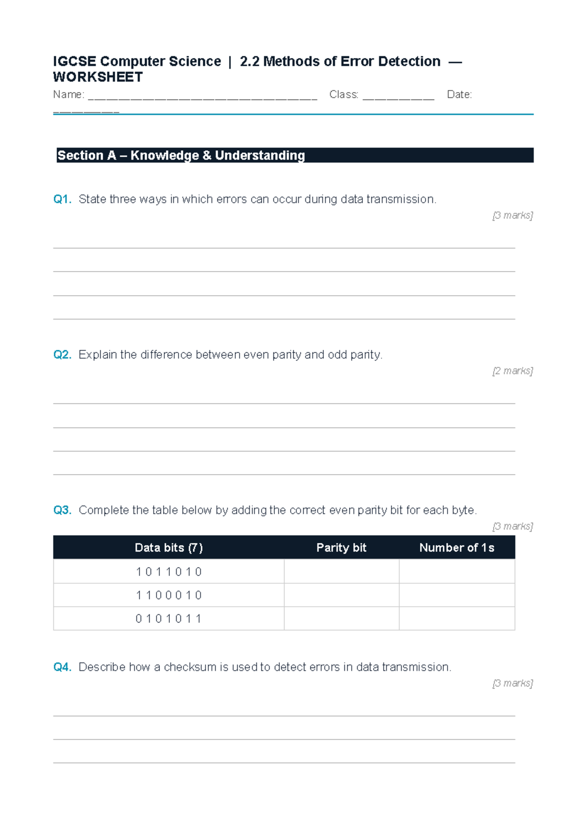 IGCSE Computer Science 2.2 Error Detection Methods Worksheet - Studocu