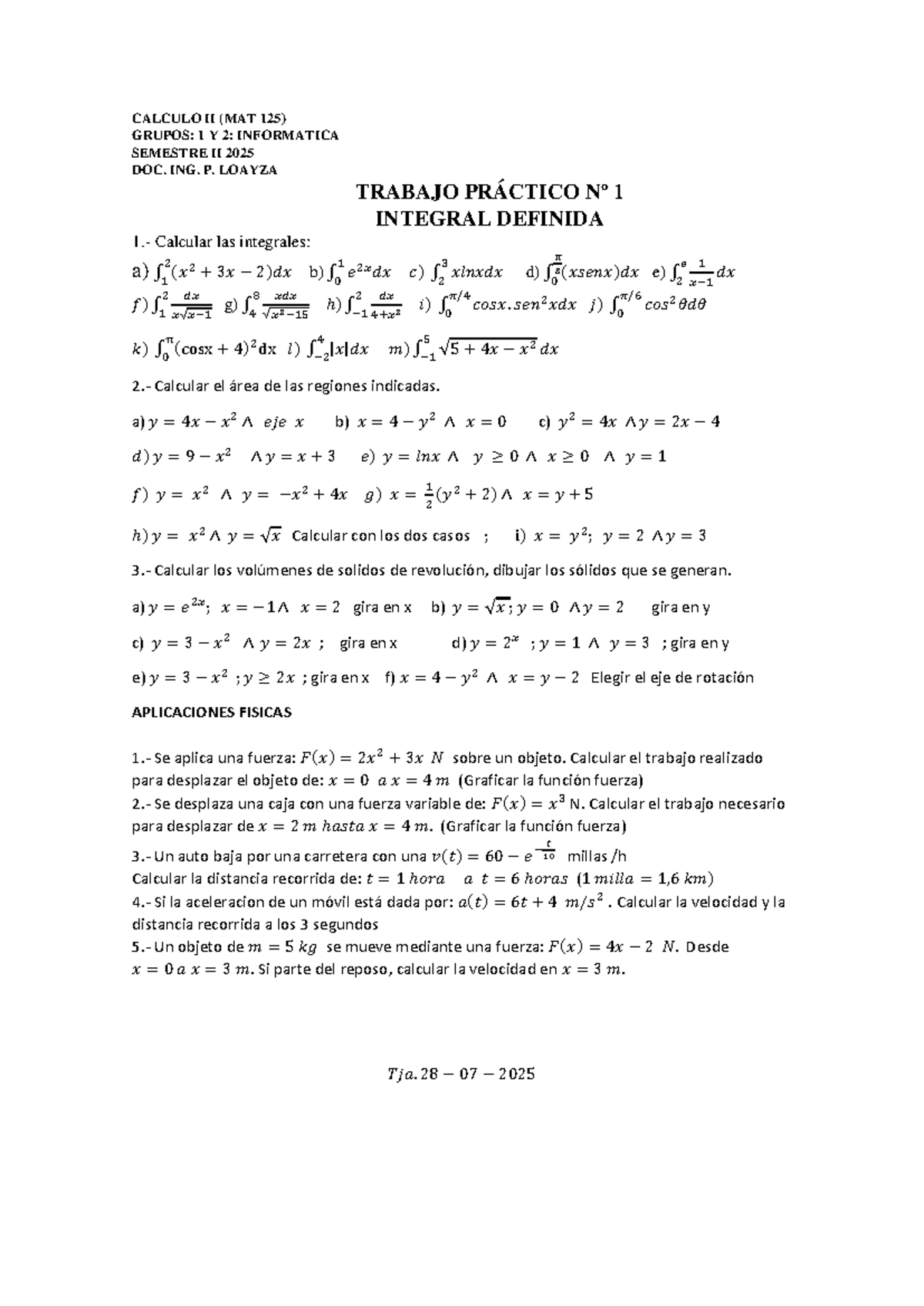 CALCULO II (MAT 125) TP 1: INTEGRAL DEFINIDA Y APLICACIONES - Studocu