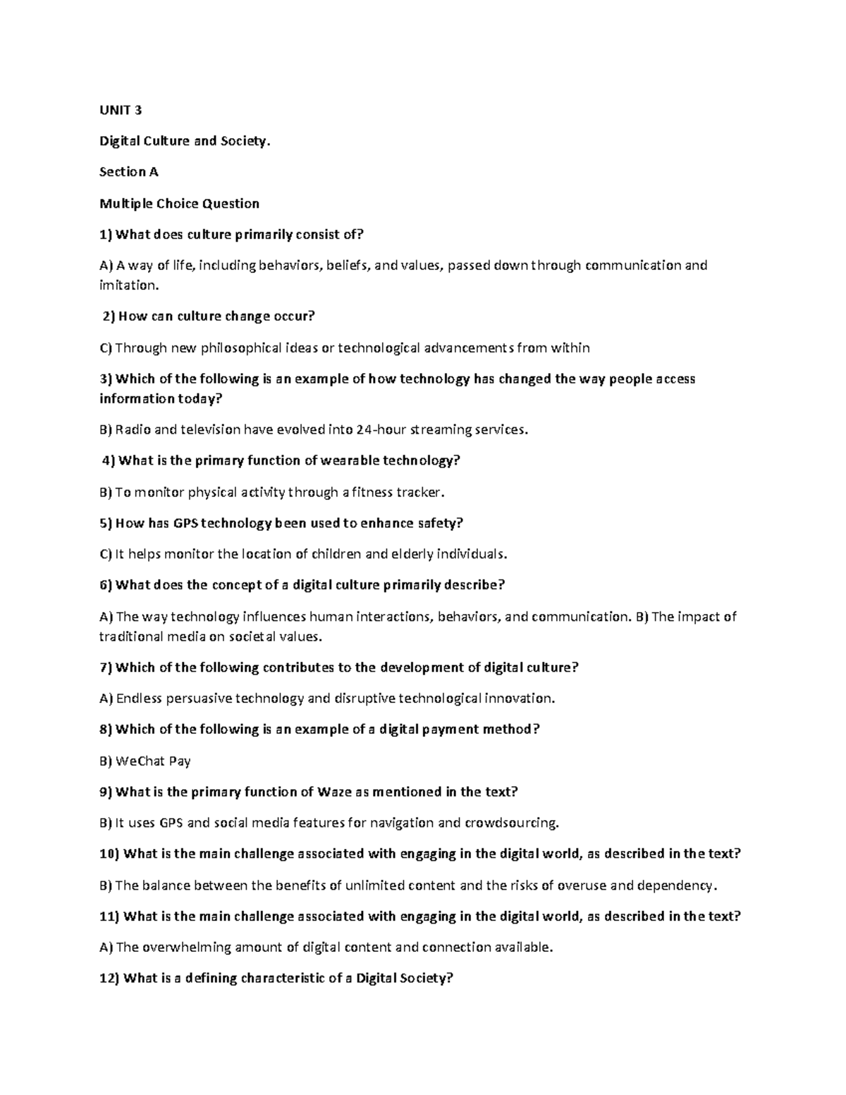 UNIT 3 Digital Culture and Society - MCQ Study Guide - Studocu