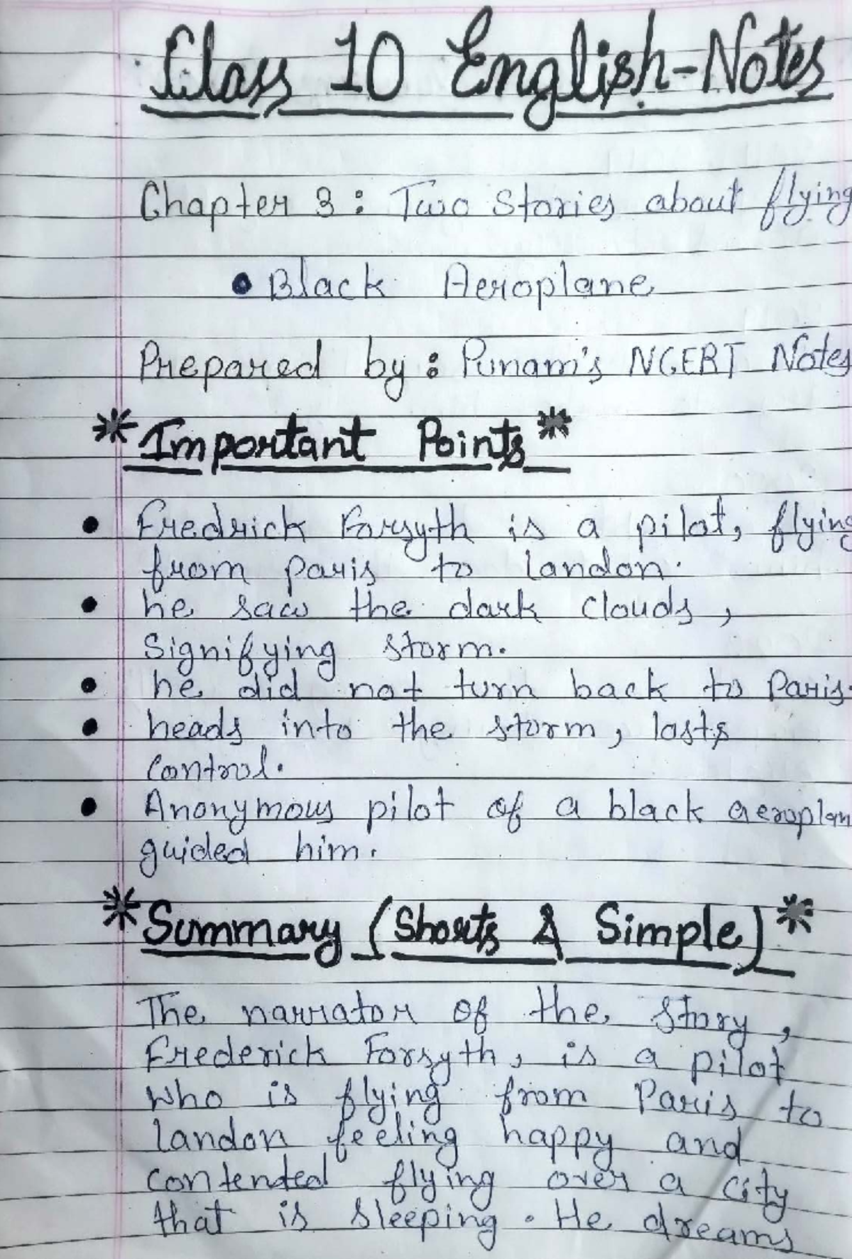 Class 10 English: Chapter 3 - Black Aeroplane Summary & Notes - Studocu