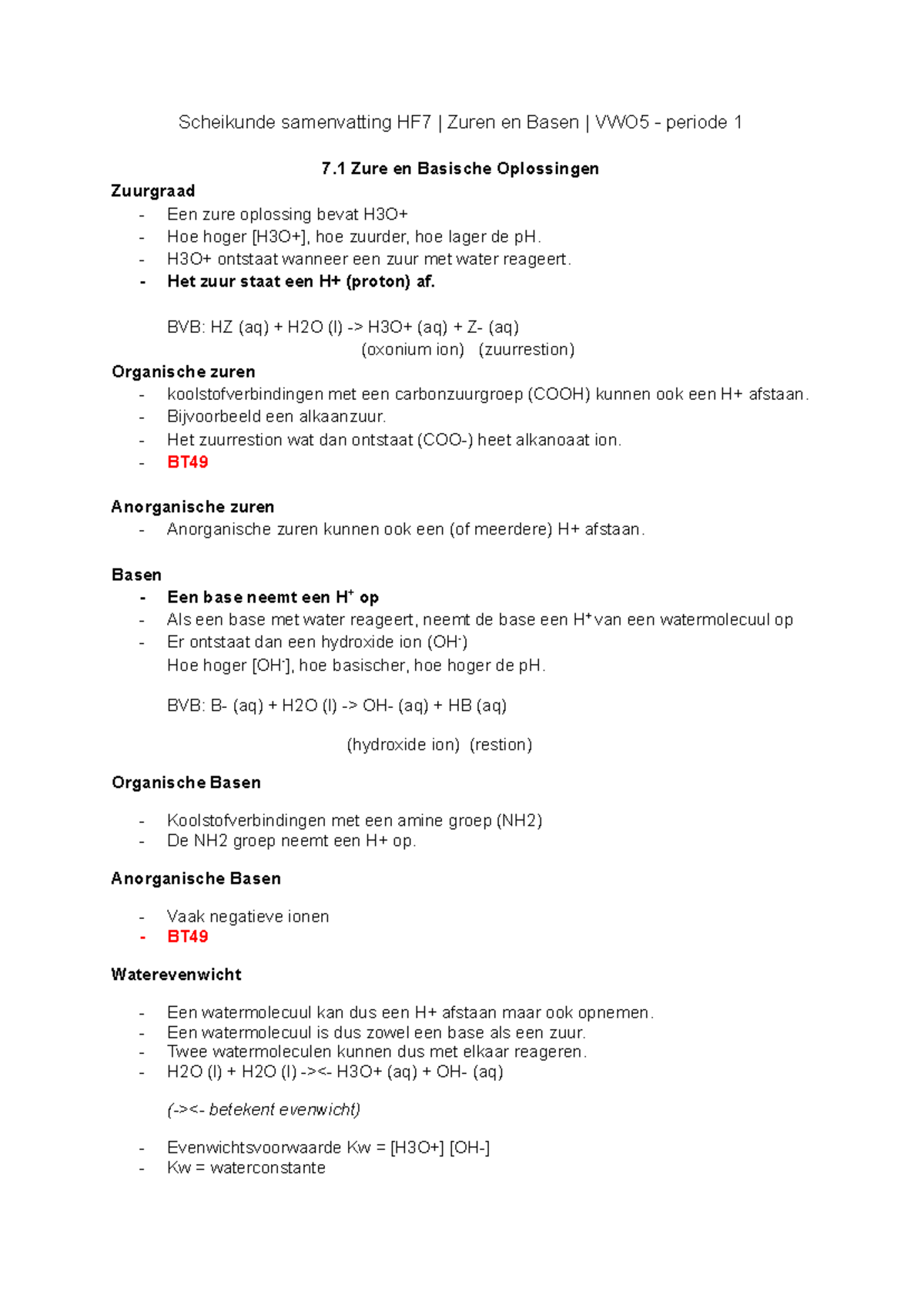 Scheikunde HF7: Samenvatting Zuren en Basen voor VWO5 - Studeersnel