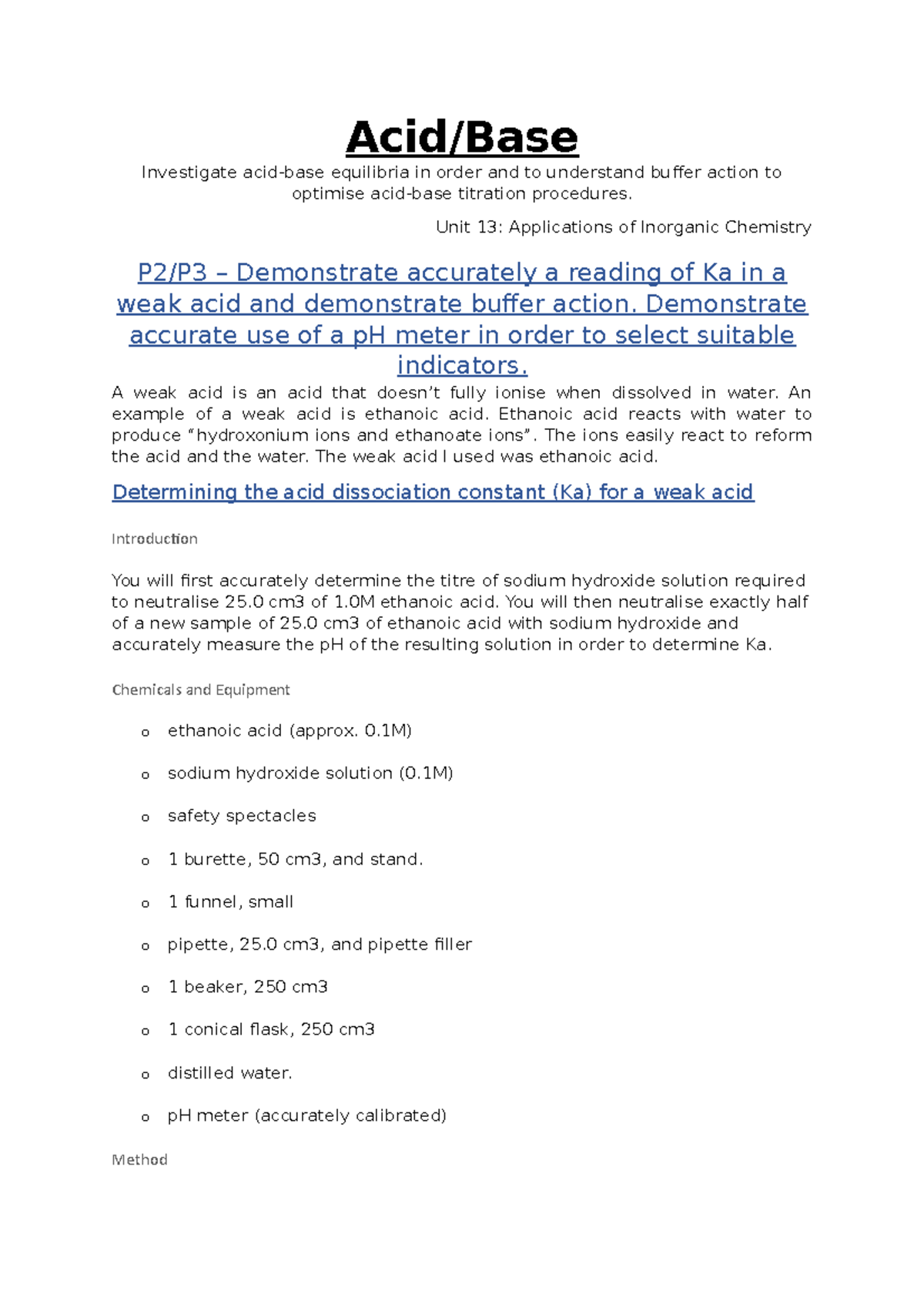 Unit 13: Acid-Base Equilibria & Buffer Action Assignment 1 - Studocu