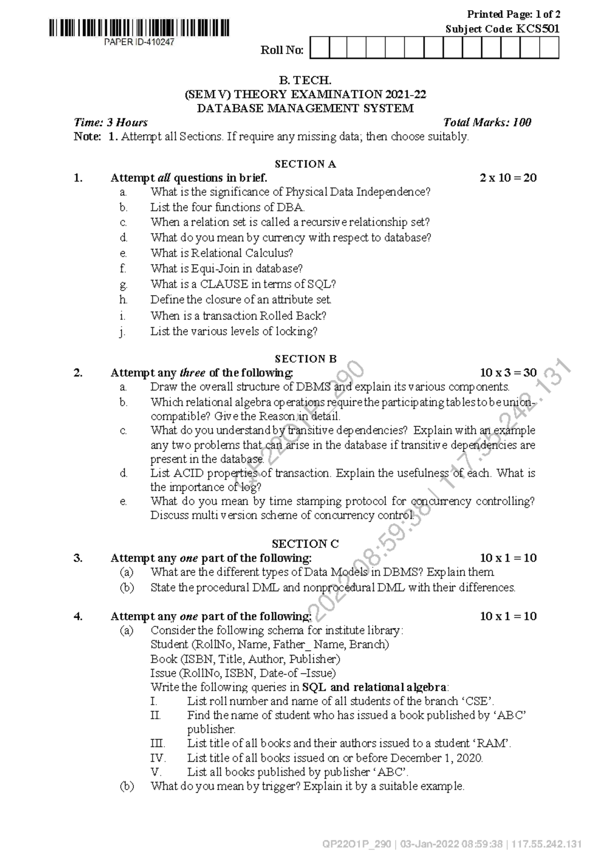 Database Management System KCS 501 1 - QP22O1P_ | 03-Jan-2022 08:59:38 ...