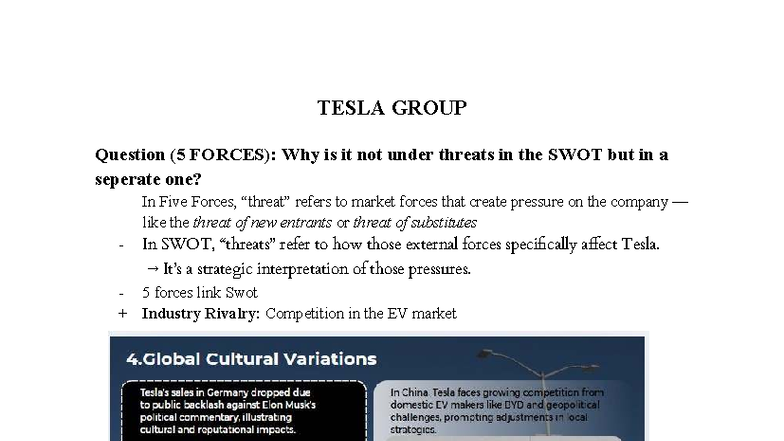 TESLA GROUP SWOT & 5 FORCES Analysis: Strategic Insights - Studocu