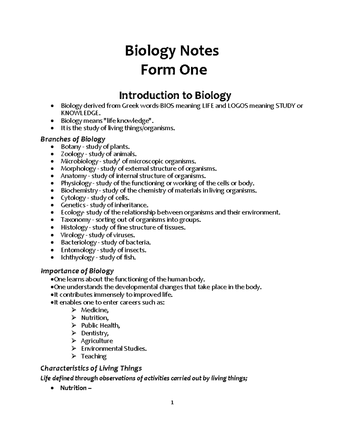 Biology Notes Form 1: Introduction to Living Organisms and Their ...