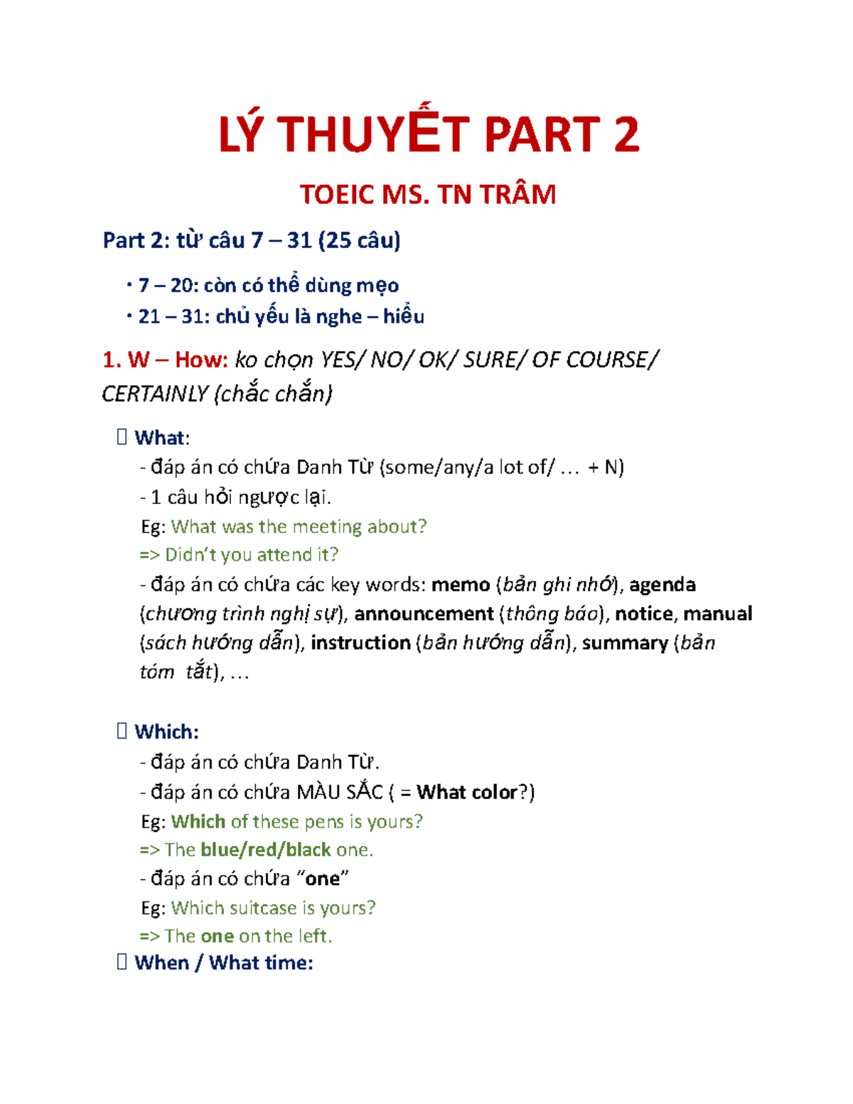 LÝ THUYẾT PART 2 TOEIC - Hướng Dẫn và Mẹo Làm Bài - Studocu