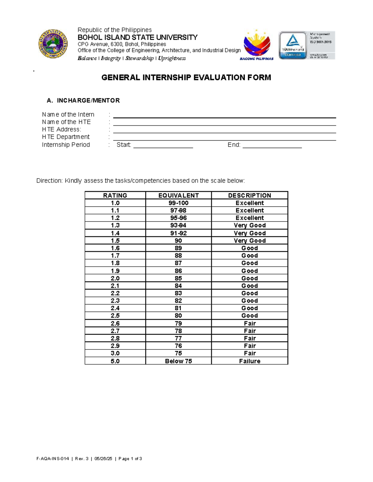 General Internship Evaluation Form F-AQA-INS-014 - Studocu