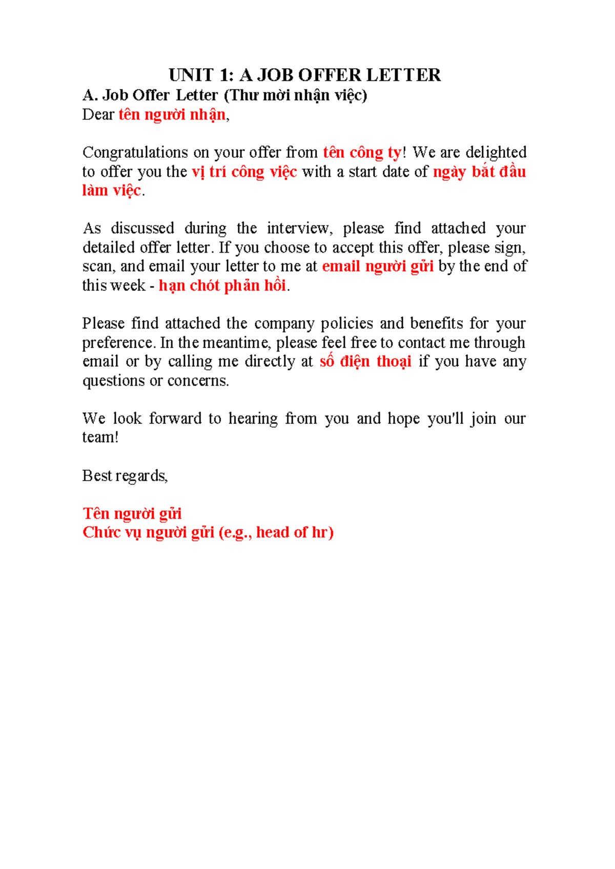 UNIT 1 & 5: Job Offer and Invitation Letter Templates - Studocu