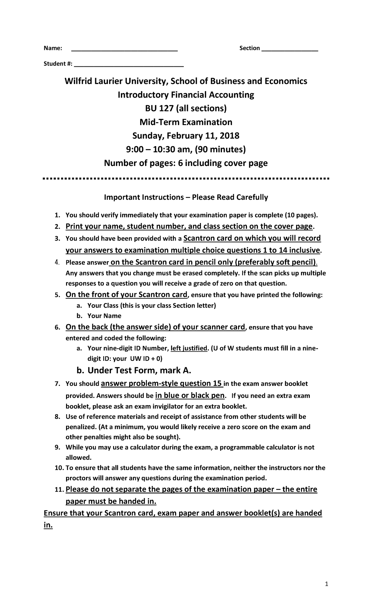 BU127 Midterm Exam 1: Introductory Financial Accounting Winter 2018 ...