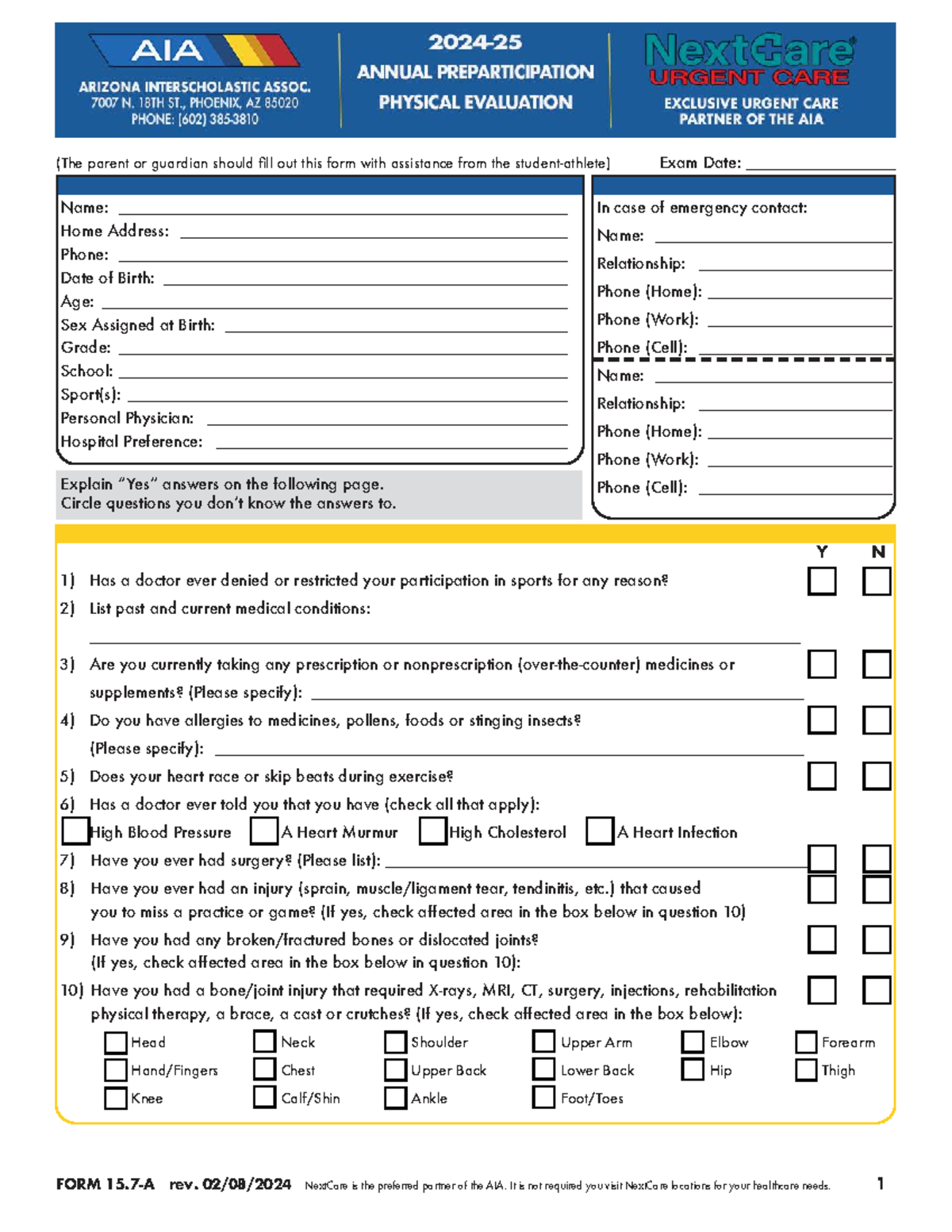 Athletic Participation Health Questionnaire Form - Studocu