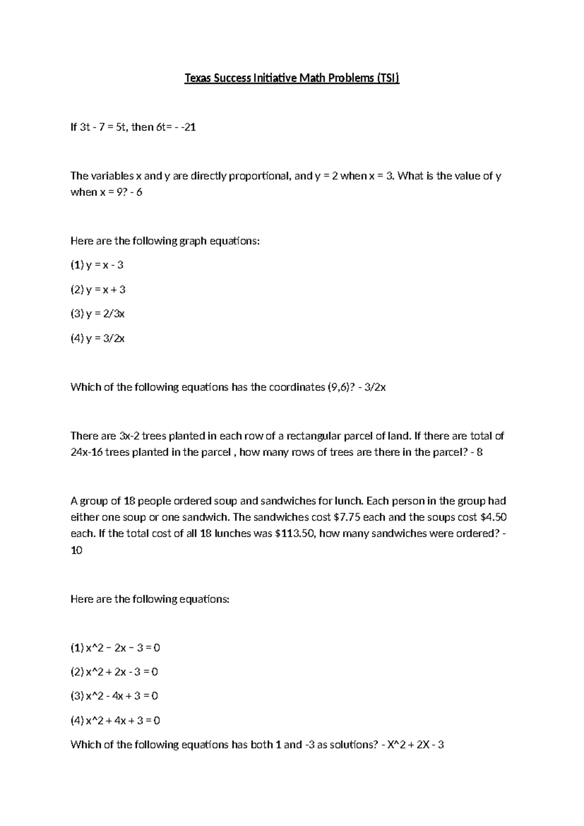Texas Success Initiative Math Problems (TSI) - Practice Questions - Studocu