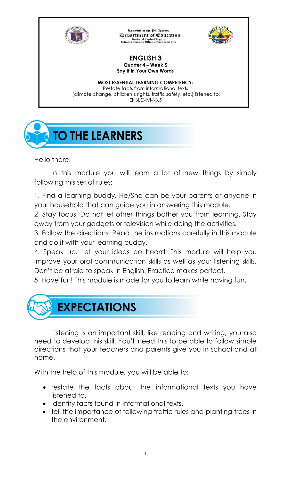 EN3 - Quarter 4, Week 5: Restating Facts from Informational Texts - Studocu